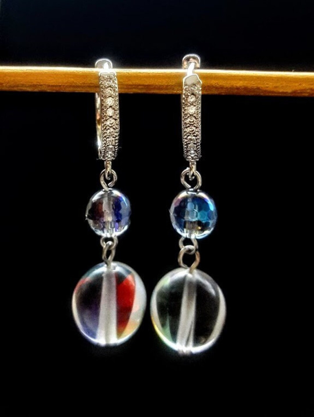 Handmade Iridescent Quartz and Zirconia Hoop Earrings. Perfect Gift for ...