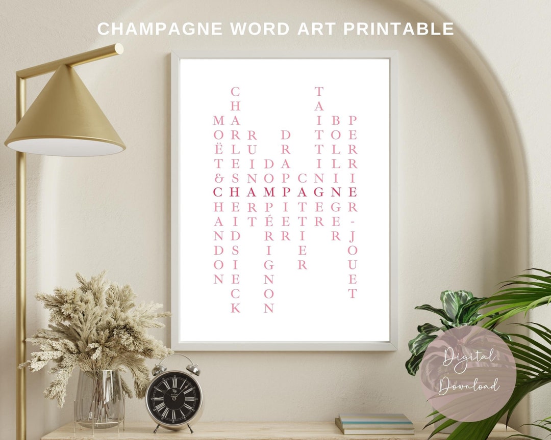 Pink Champagne Wall Art Printable, Champagne Word Art, Kitchen and Bar ...