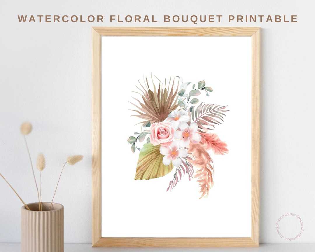 Pink Watercolor Floral Printable Art, Pink and Green Watercolor Flowers ...
