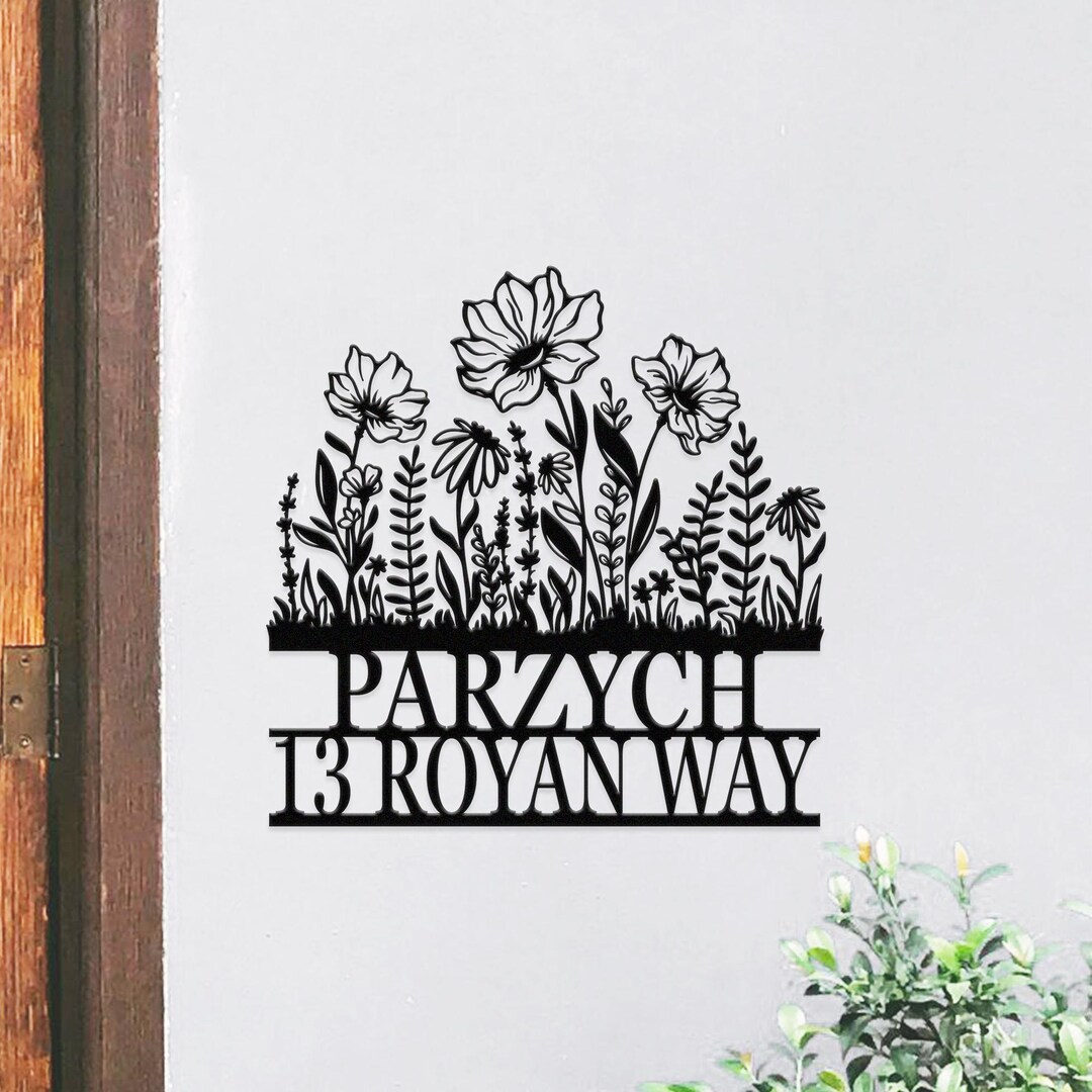 Personalized Flowers House Sign, Custom Flower Home Number Metal Wall ...