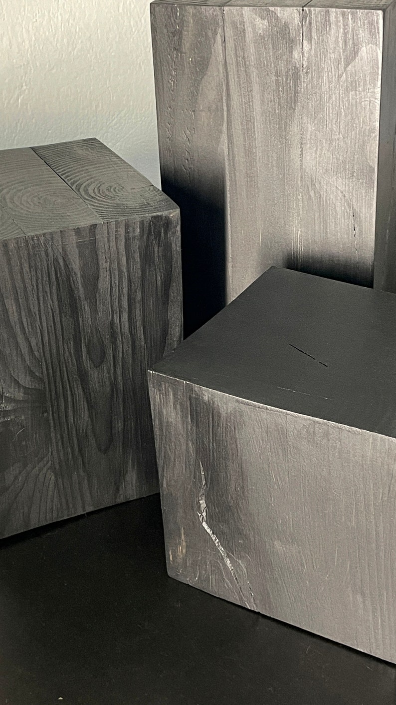 Handmade Wooden Cube, Column, Object, Black Impregnated or Nature, Wabi ...