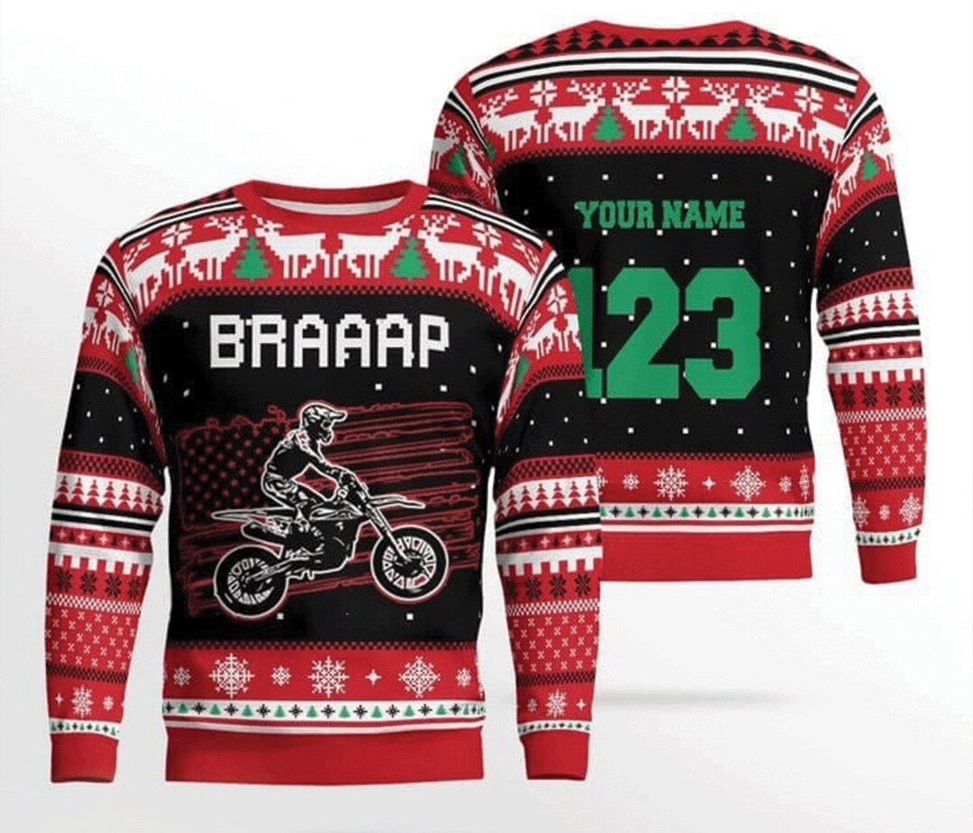 Personalized Braaap Moto Ugly Christmas Sweater, Custom Name Moto Ugly Christmas Sweater, Funny ...