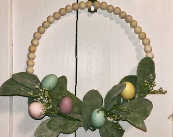 Wooden Easter Bunny Beaded Wreath, Beaded Bunny Wreath, Simple Easter ...