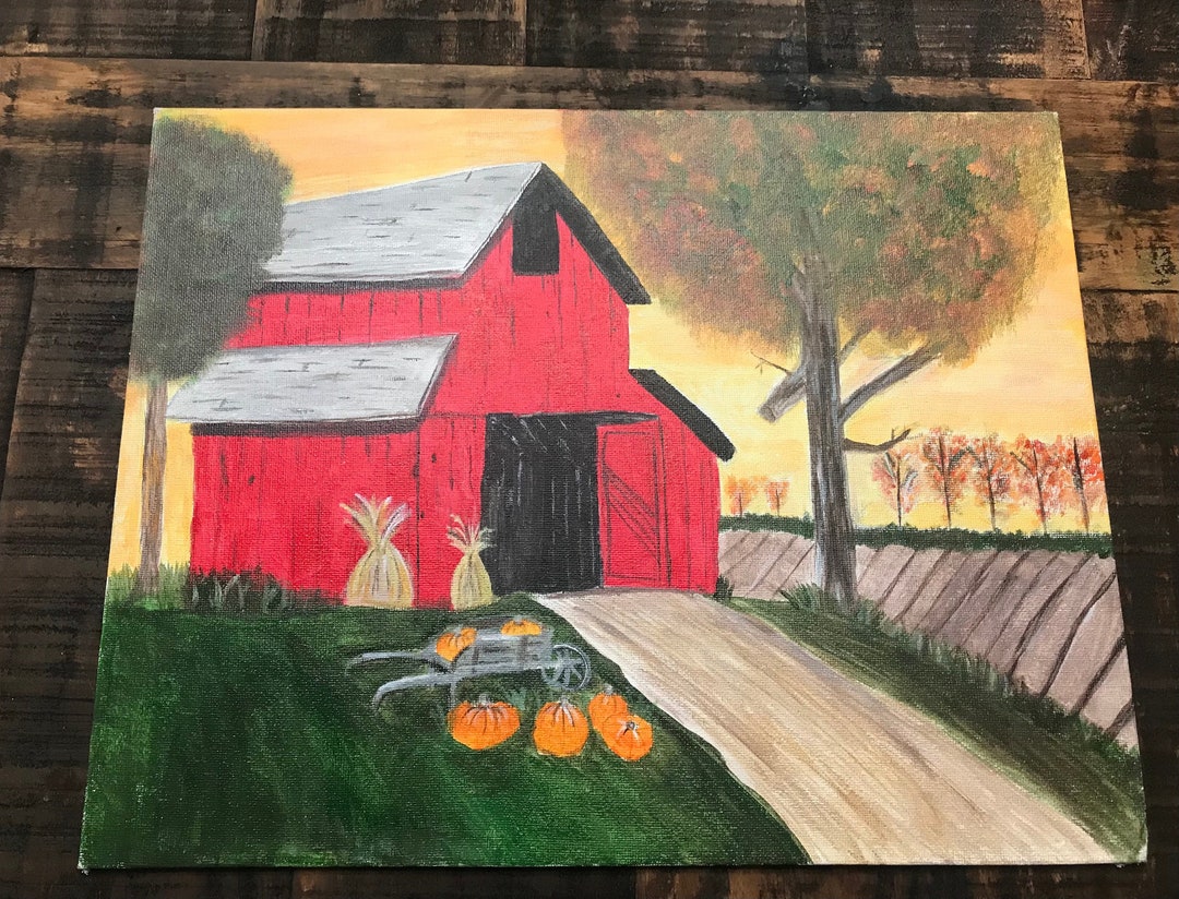 Red Barn in Autumn, Country Farm Decor, Handpainted Canvas Acrylic Art ...