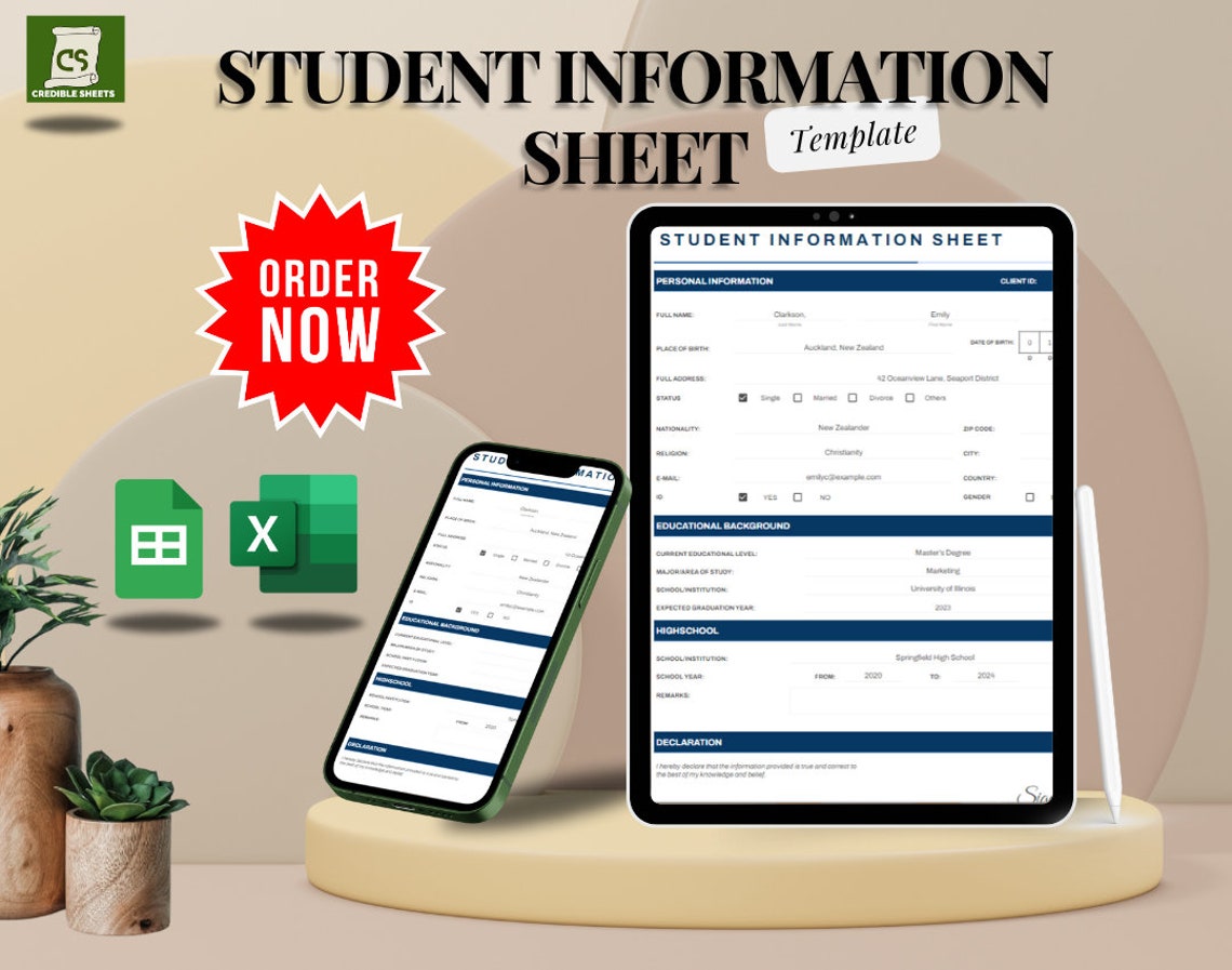 Student Information Sheet Template - Etsy