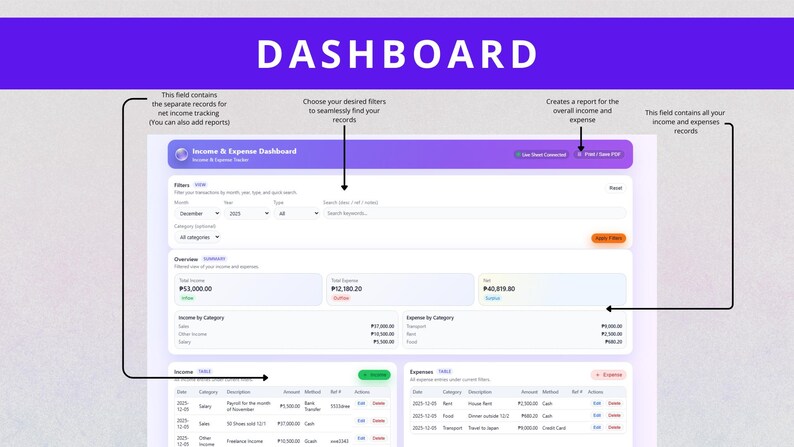 Income & Expense Dashboard – Google Sheets Web App | Automatic Cashflow ...
