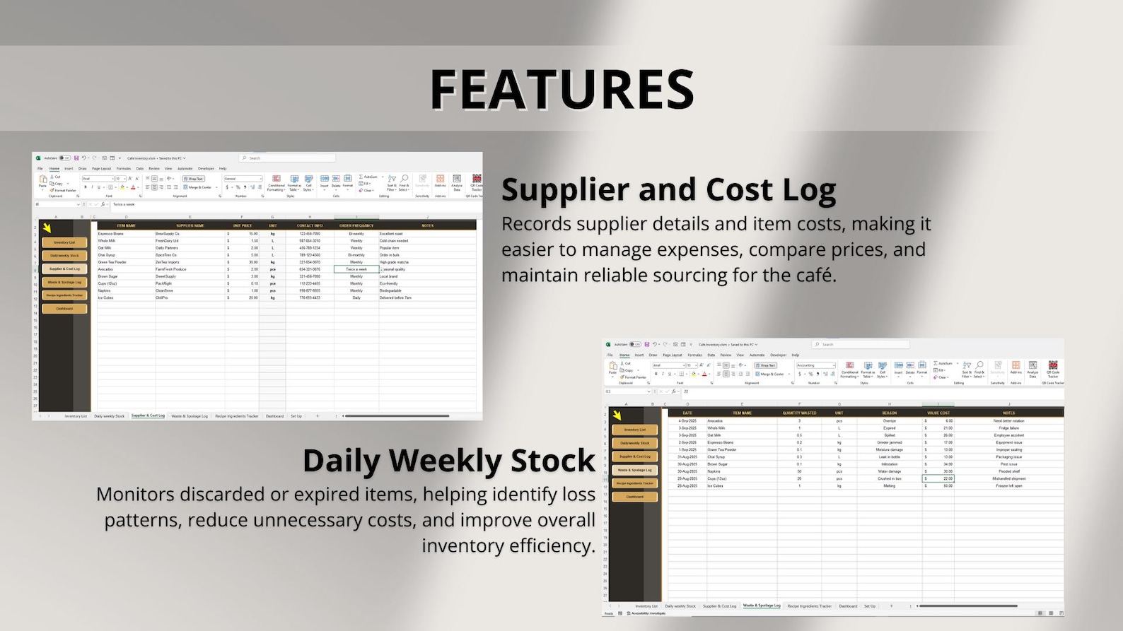 Cafe Inventory Template in Excel - Etsy