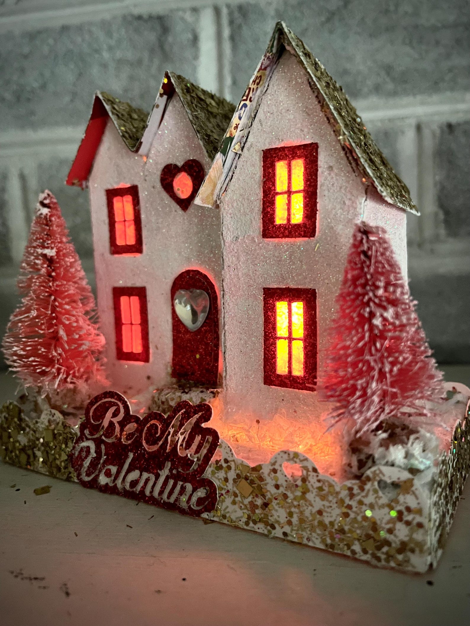 Be My Valentine House | Handmade Putz Style Miniature Cardboard Glitter ...