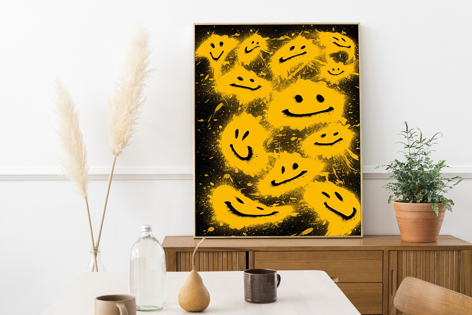 Smiling Face Wall Art Canvas, Abstract Art, Happy Face Emoji Wall Art ...