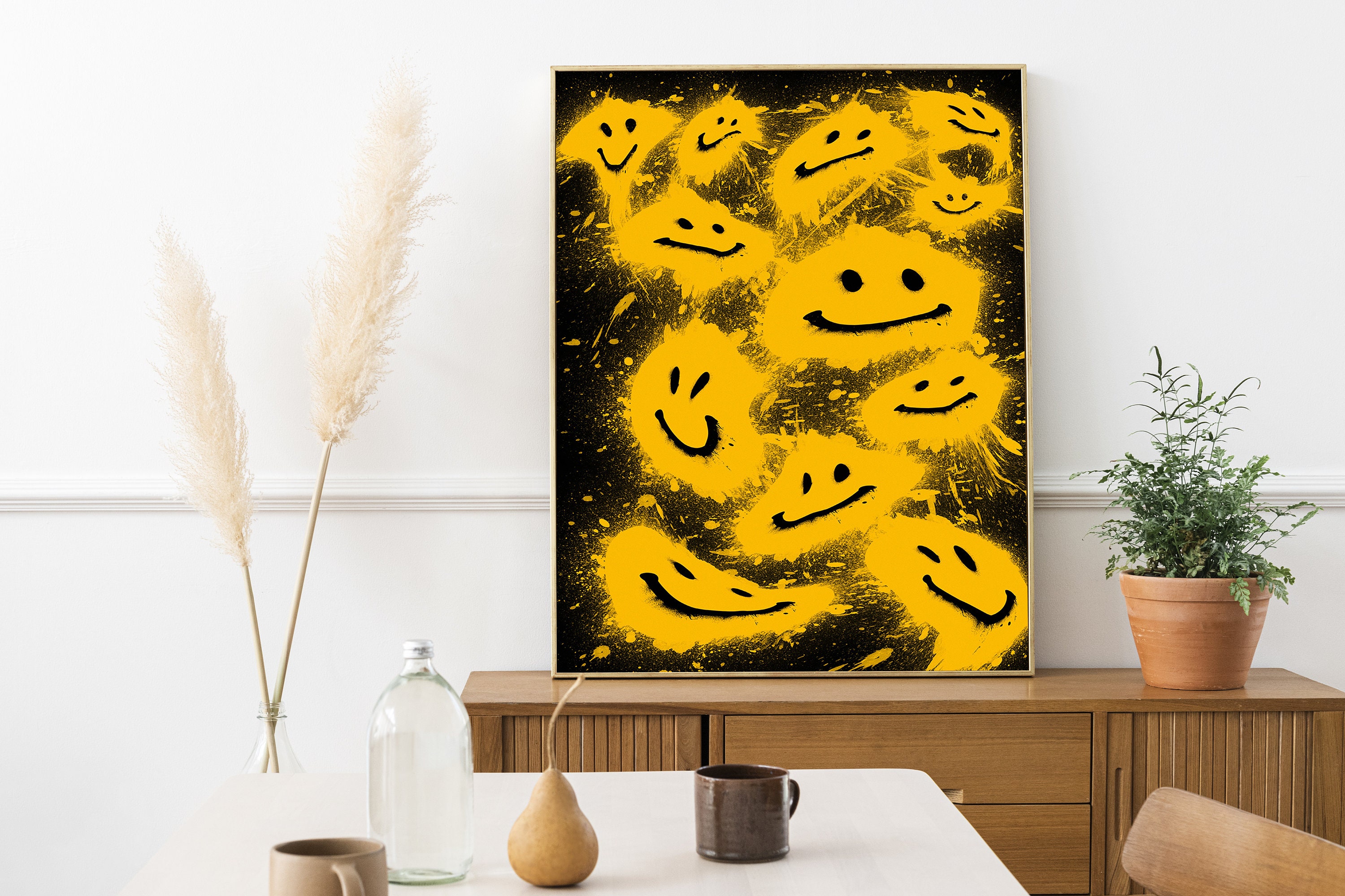 Smiling Face Wall Art Canvas, Abstract Art, Happy Face Emoji Wall Art ...