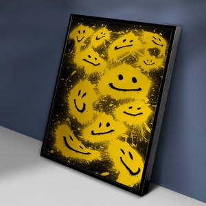 Smiling Face Wall Art Canvas, Abstract Art, Happy Face Emoji Wall Art ...