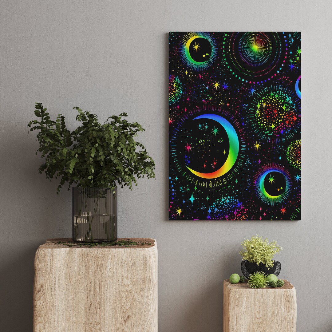 Neon Moon Wall Art, Outrun Style Moon and Flowers Canvas, Pop Art Wall ...