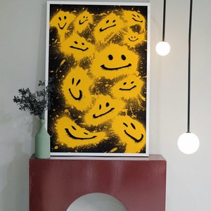 Smiling Face Wall Art Canvas, Abstract Art, Happy Face Emoji Wall Art ...