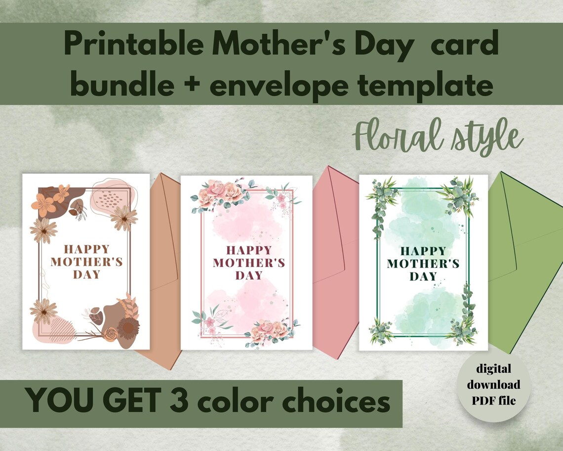 Printable Happy Mother's Day Card Bundle and Envelope Template, Floral ...