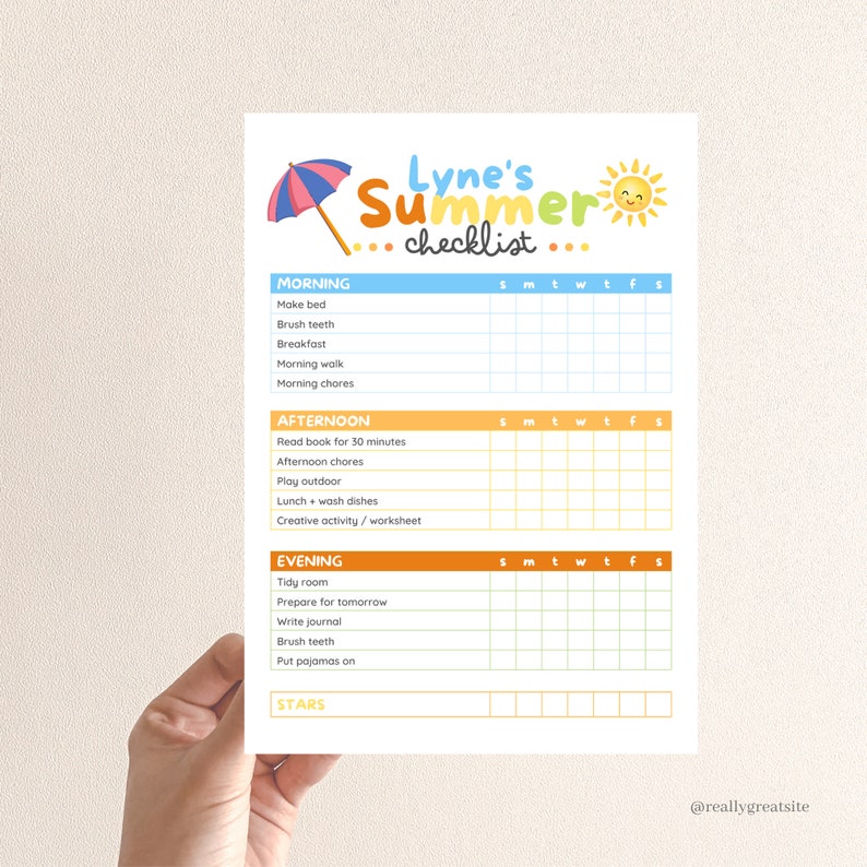 Editable Summer Checklist for Kids Printable Kids Responsibility Chart ...