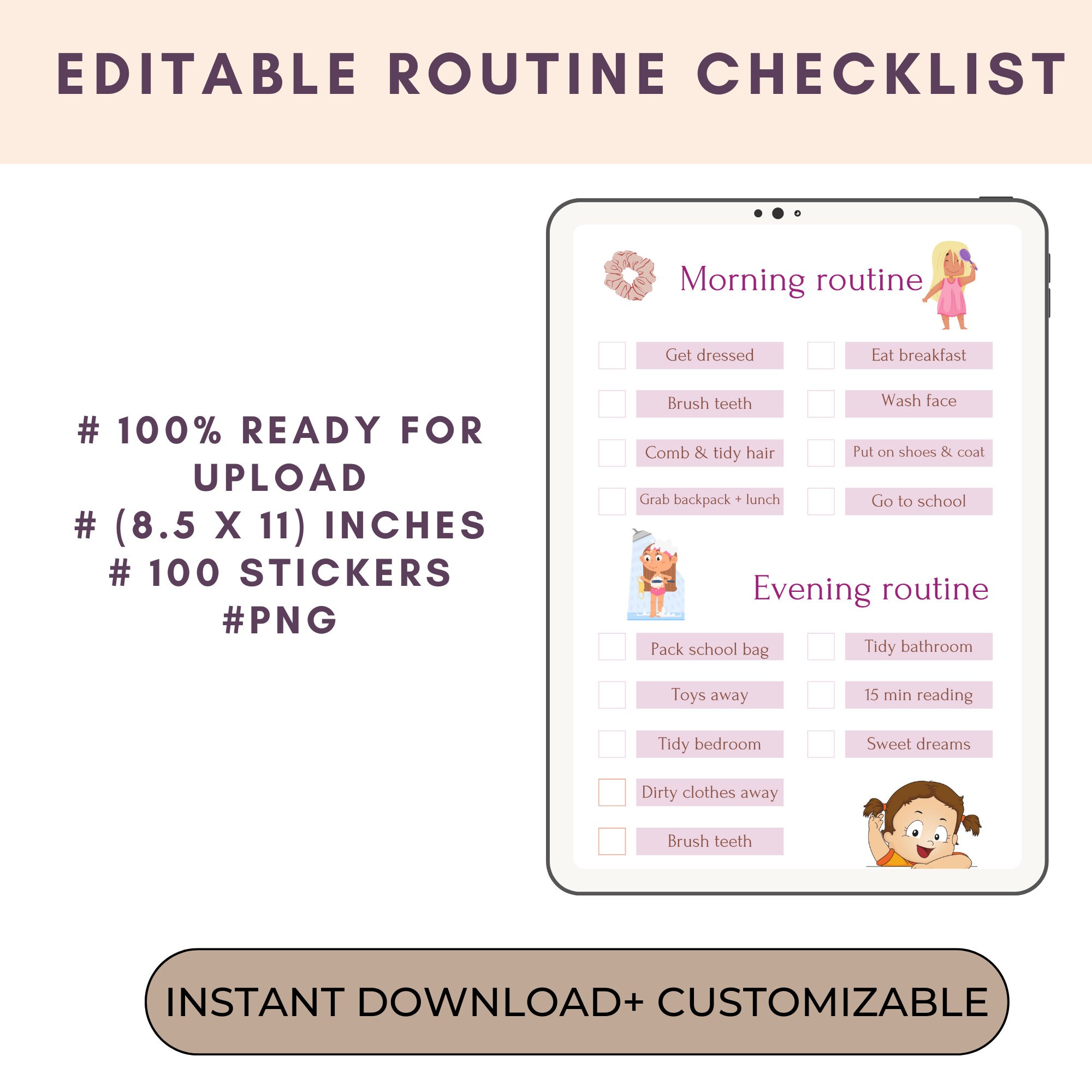 Kids Checklist Template, Morning Bedtime Nighttime Checklist, Chore ...
