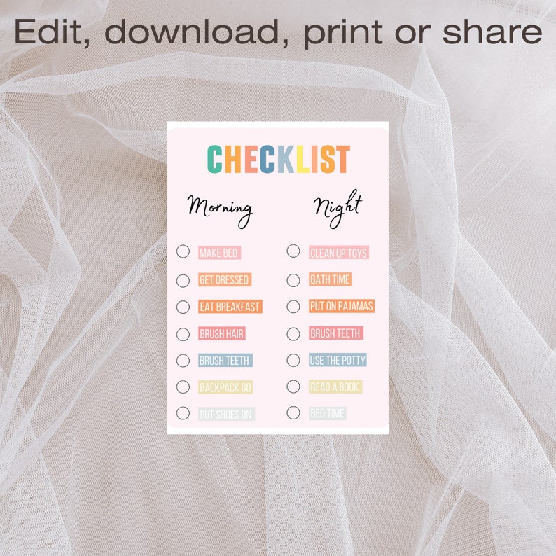 Kids Checklist Template, Morning Bedtime Nighttime Checklist, Chore ...
