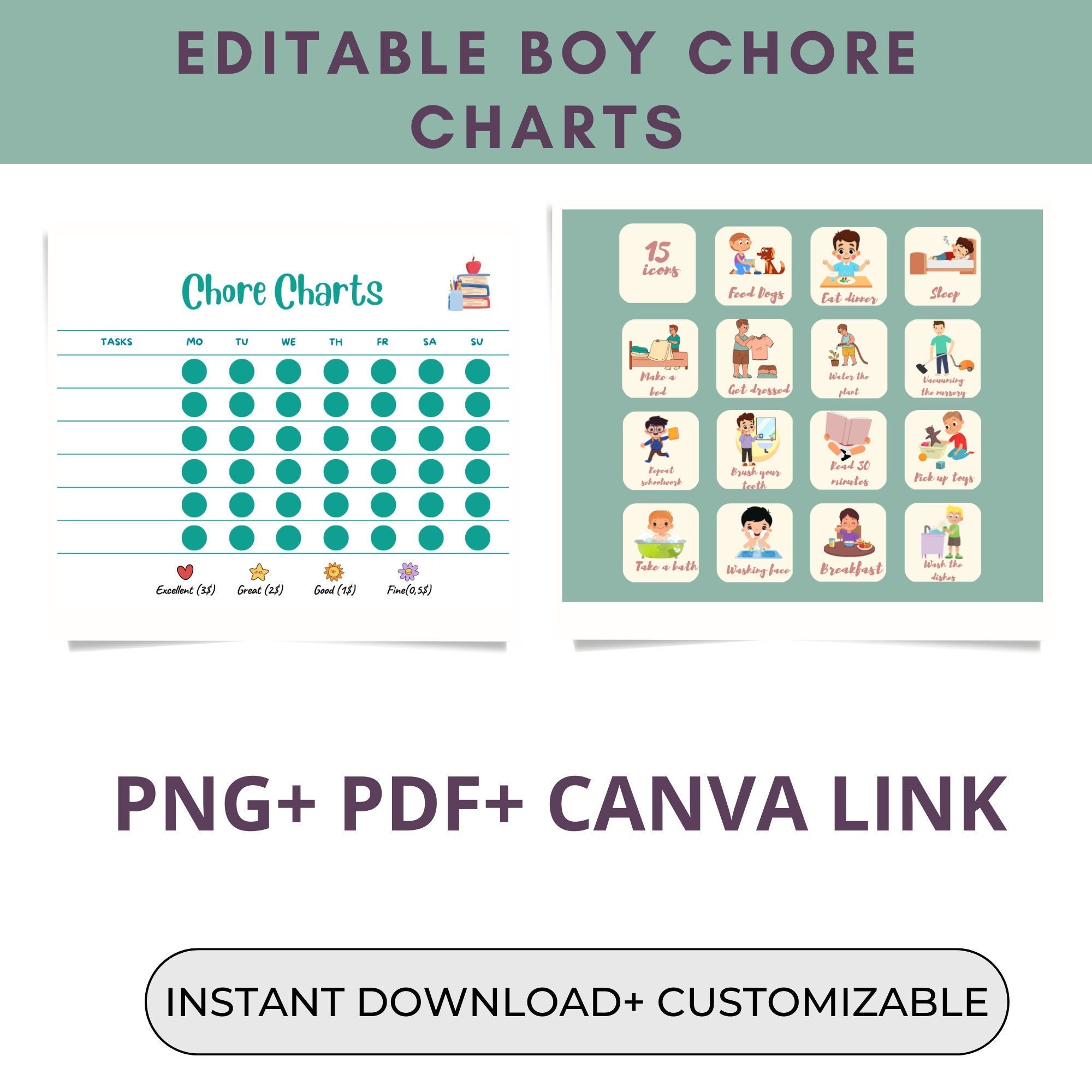 Editable Chore Chart for Kids Printable Kids Daily Weekly ...