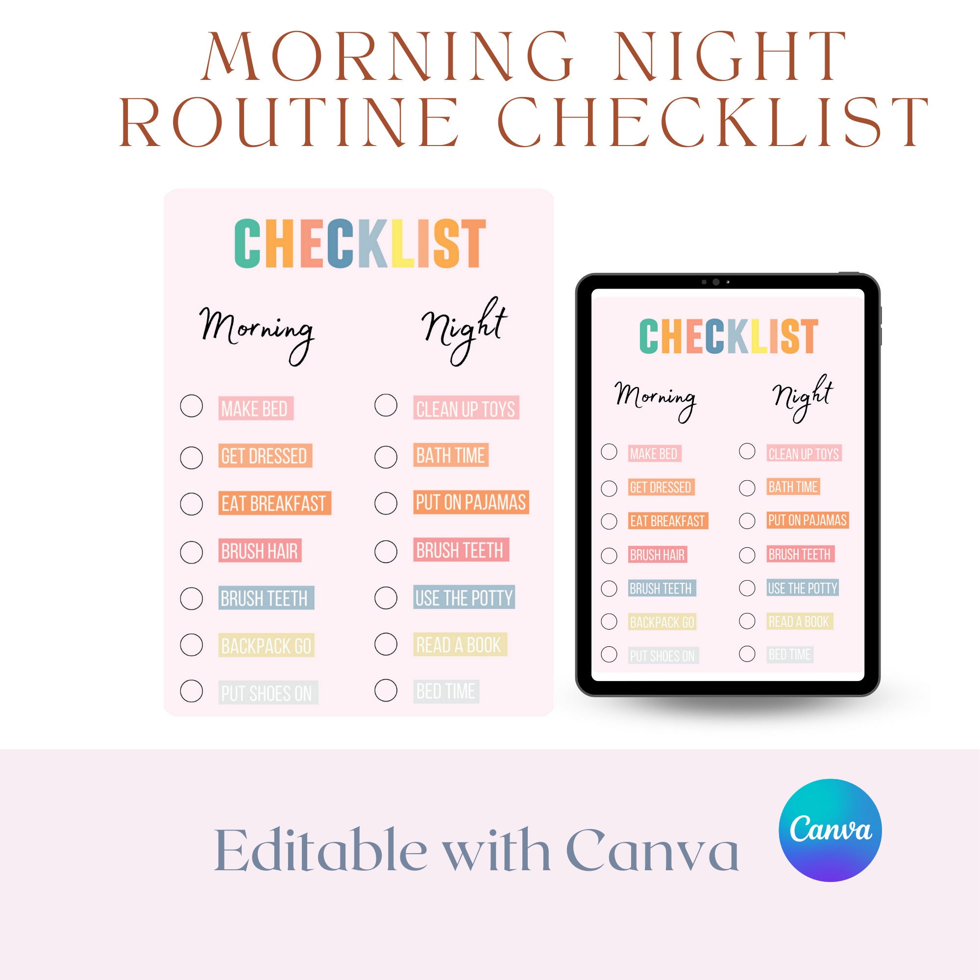 Kids Checklist Template, Morning Bedtime Nighttime Checklist, Chore ...