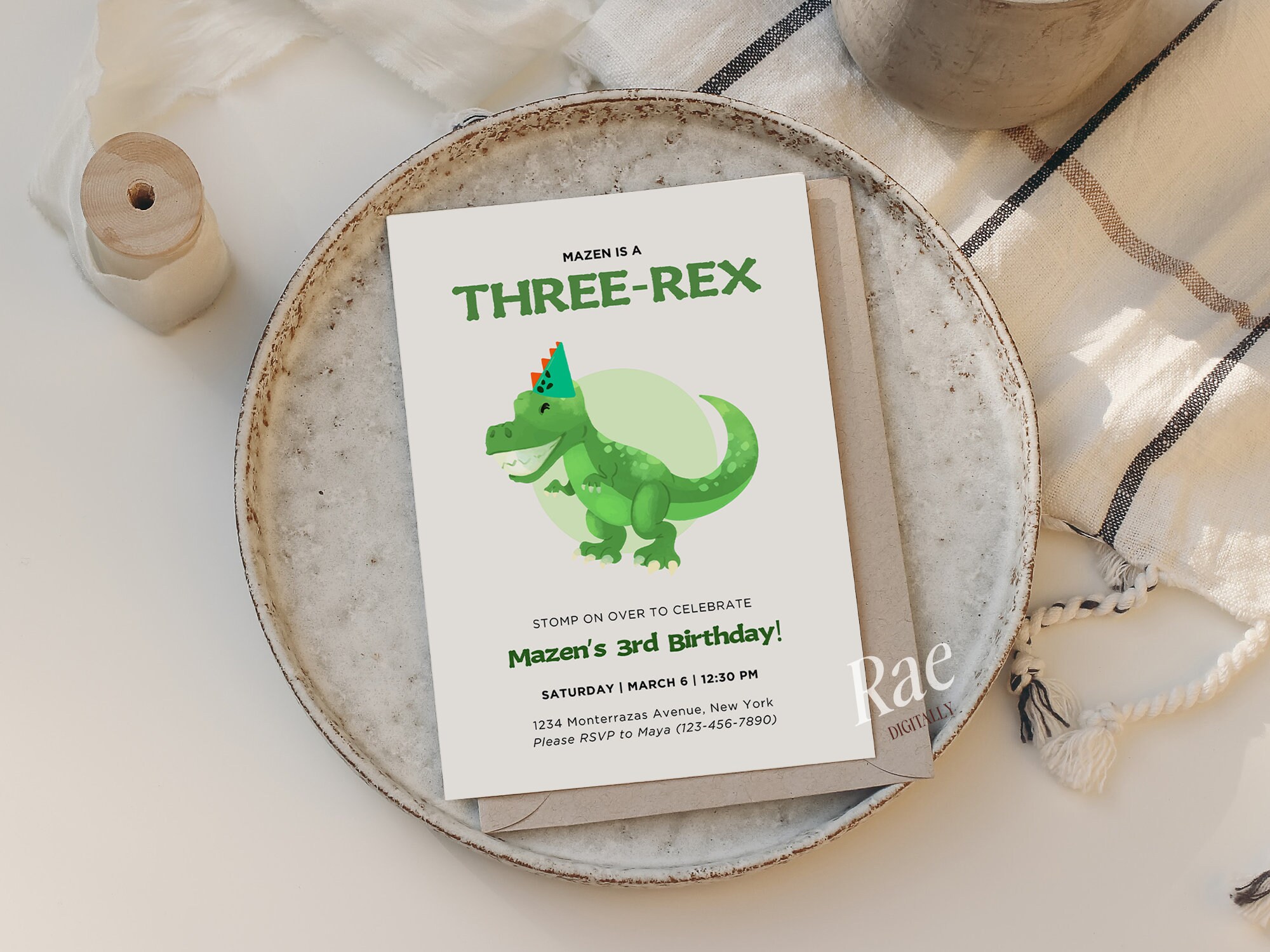 Three Rex Dinosaur Birthday Invitation, 3rd Birthday Party Editable ...