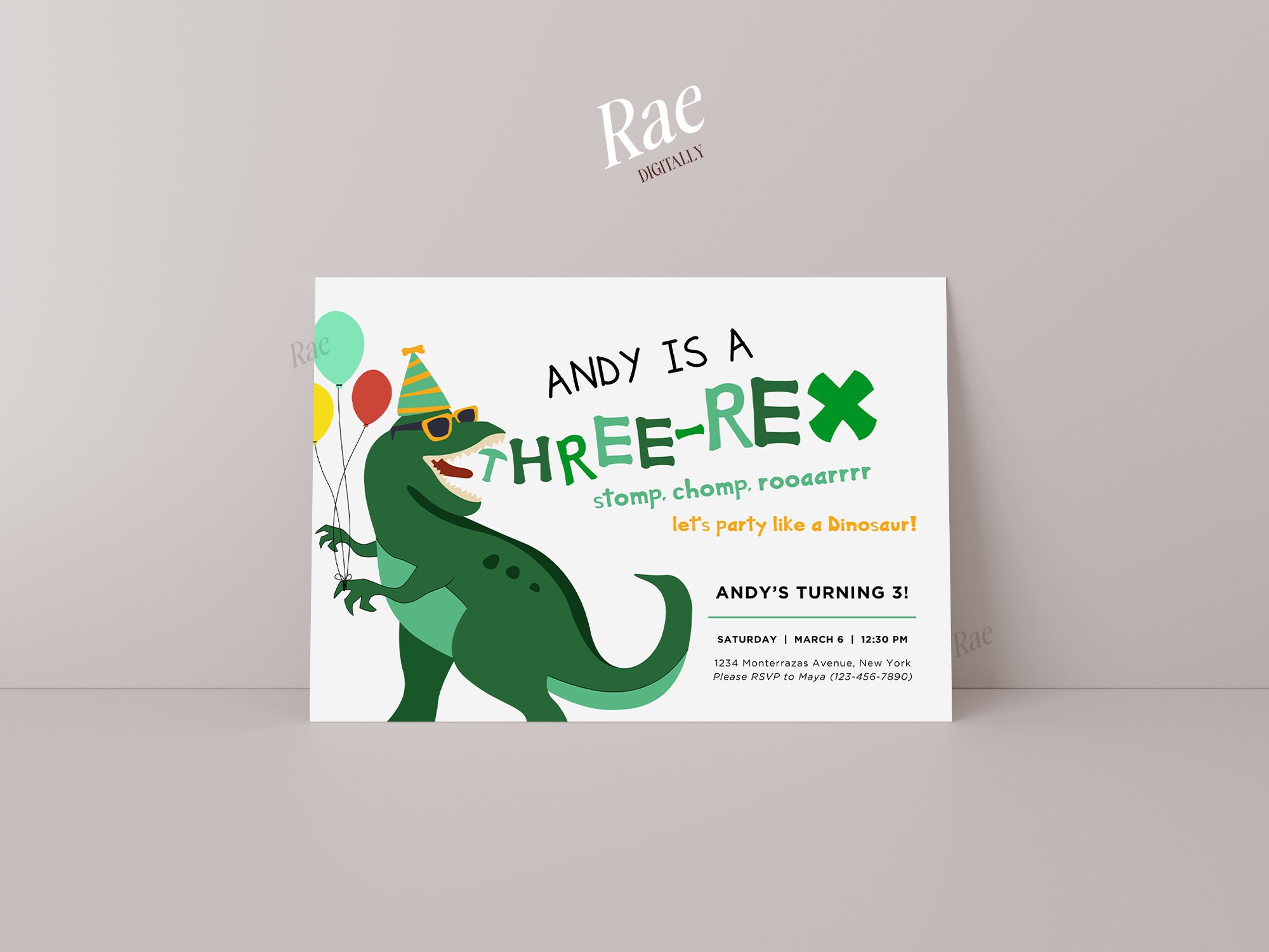 Invitación de cumpleaños de dinosaurios de tres Rex, plantilla editable ...