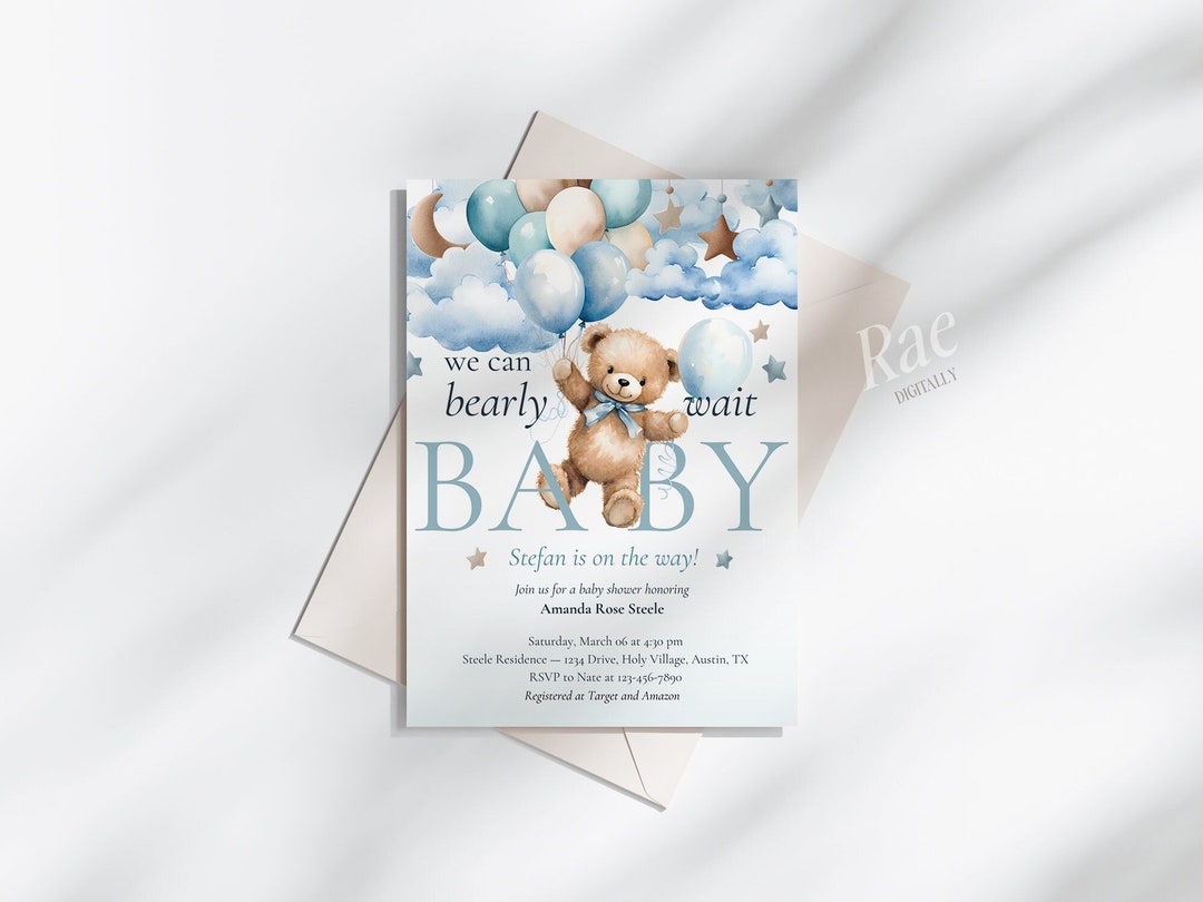 Blue Bear Balloon Baby Shower Invitation, We Can Bearly Wait Baby ...