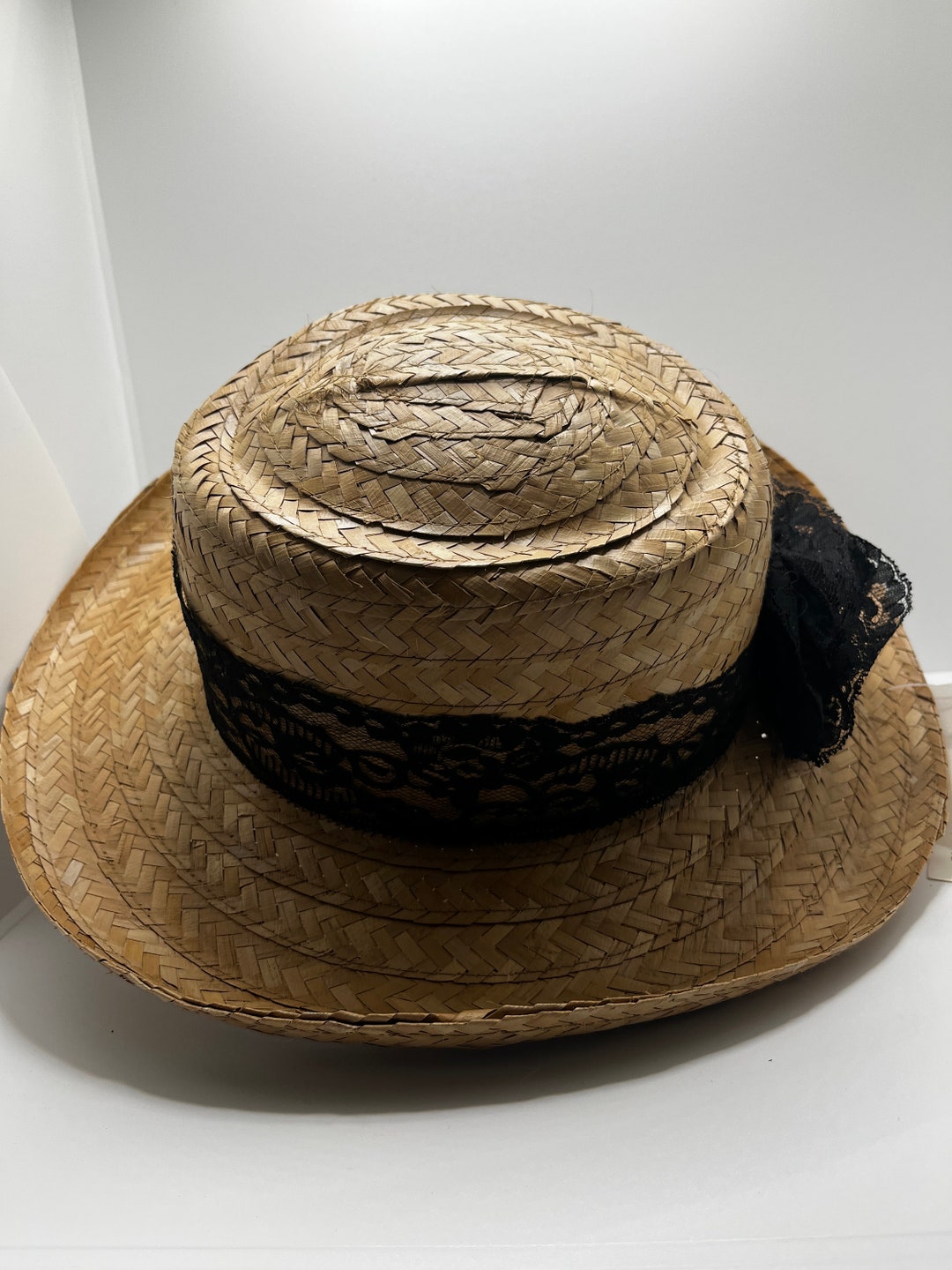 Fancy Woven Straw Sun Hat With Black Lace Band and Back Bow, Vintage by ...