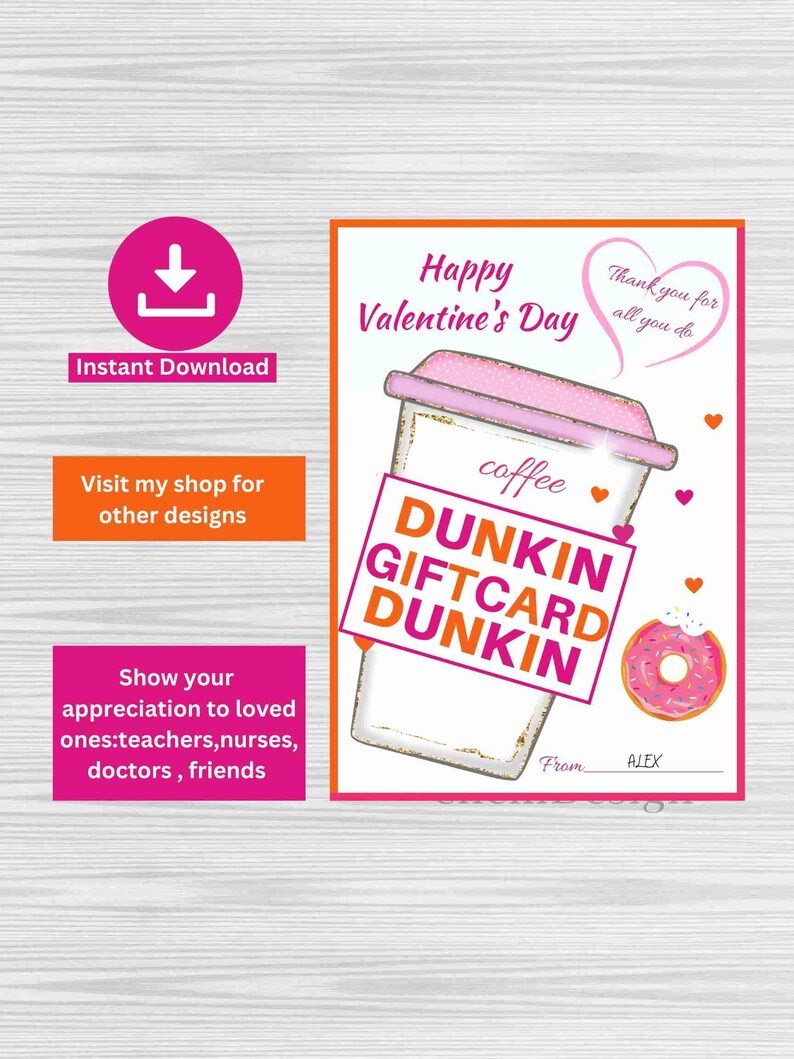 Valentine's Day Dunkin Gift Card Holder Printable INSTANT DOWNLOAD ! - Etsy