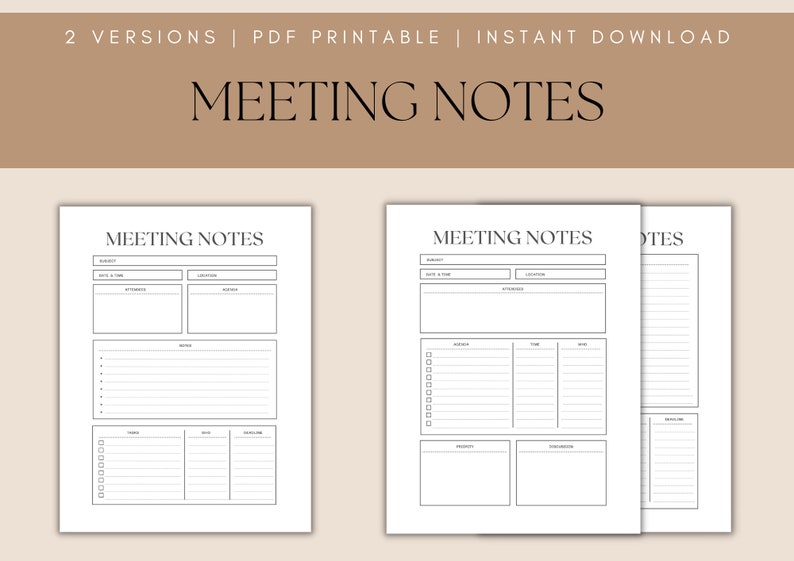 Meeting Notes Template Printable Business Project Record Meeting Agenda ...