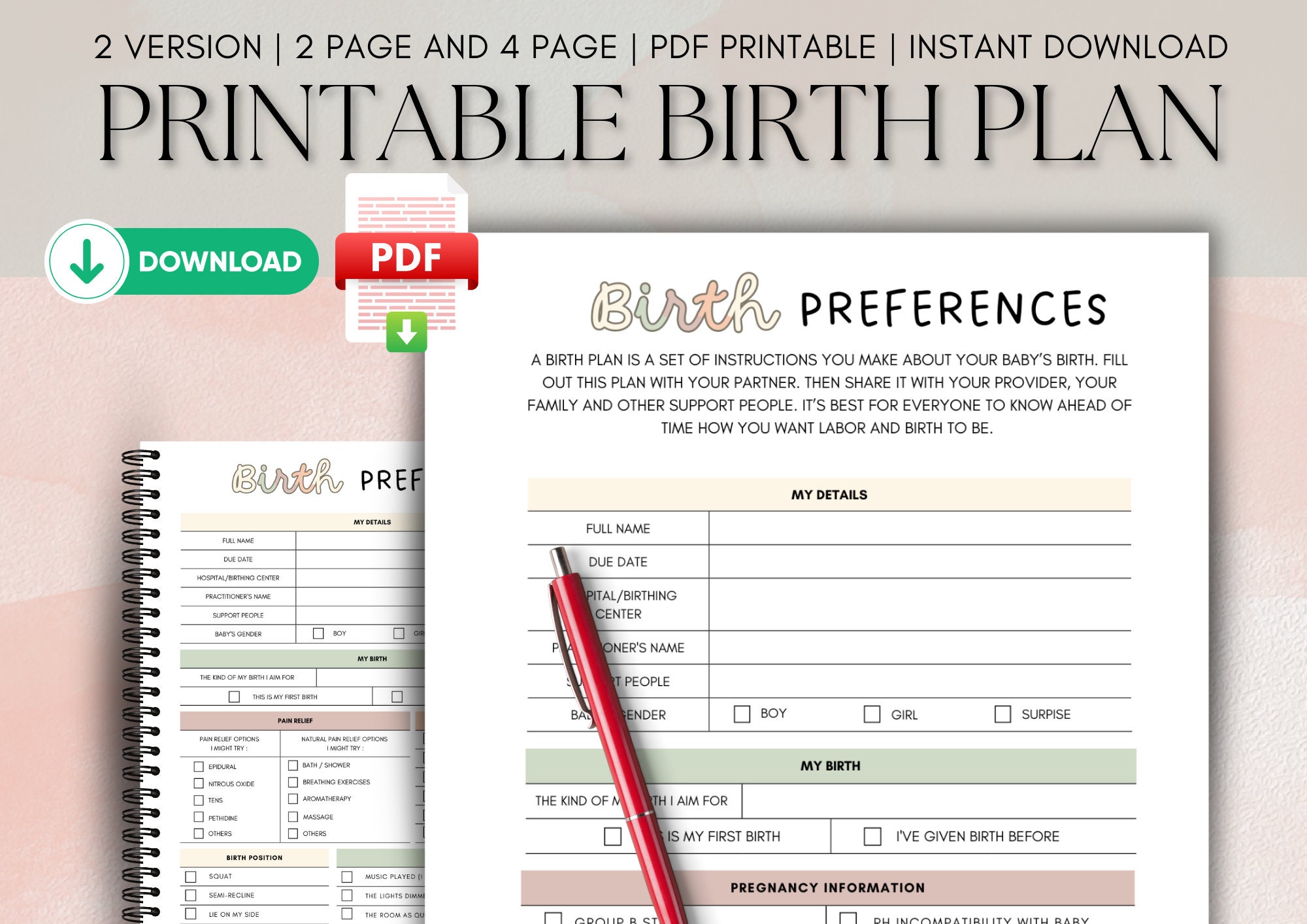 Birth Preferences | Birth Plan Template Editable | Printable Birthing ...