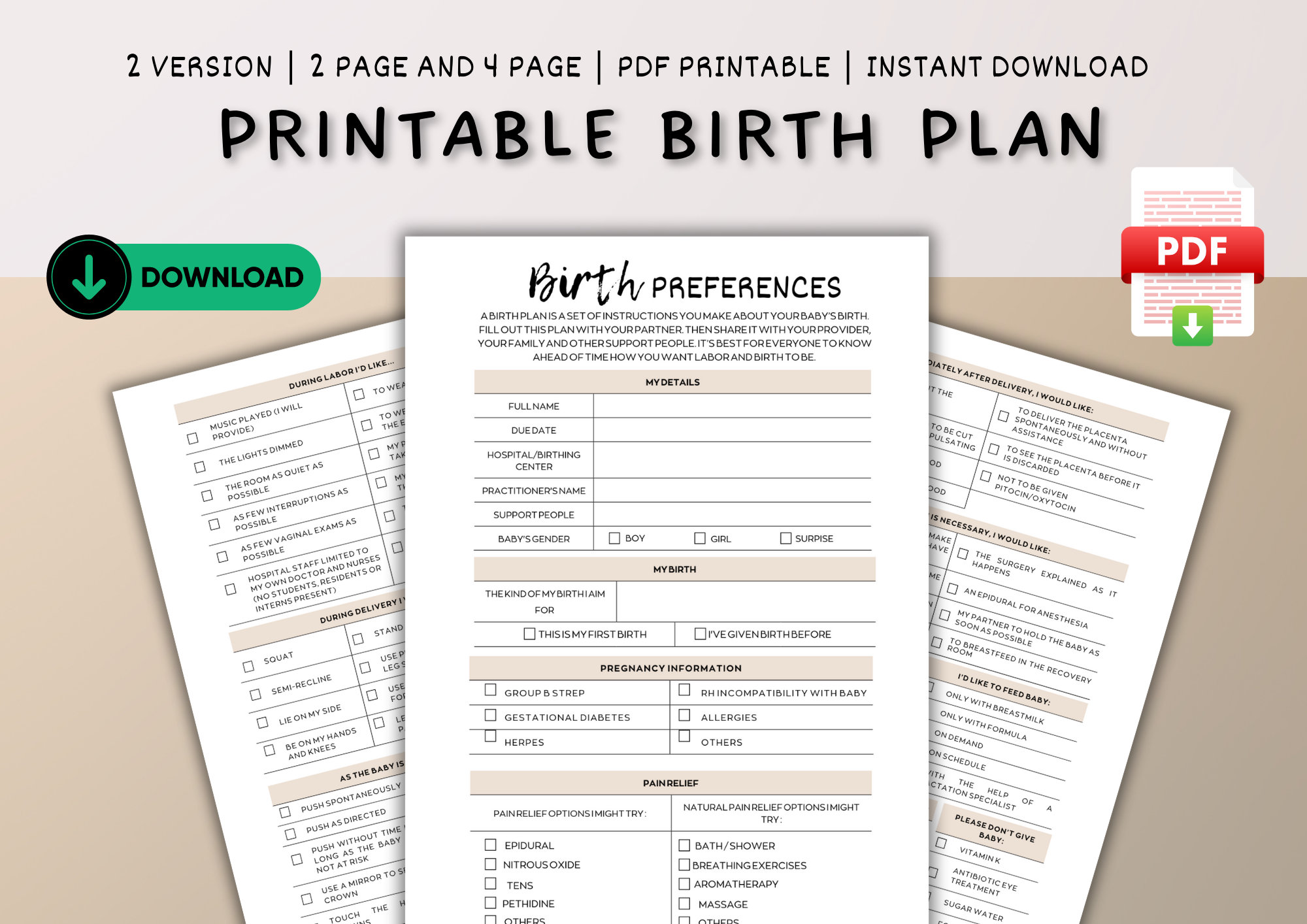 Labor and Delivery, Birth Education, Birth Plan Template, Printable ...