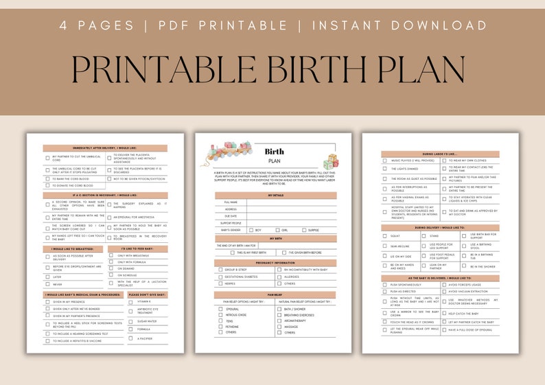 Birth Plan Template | Minimal | Mom Checklist | Birth Preference ...