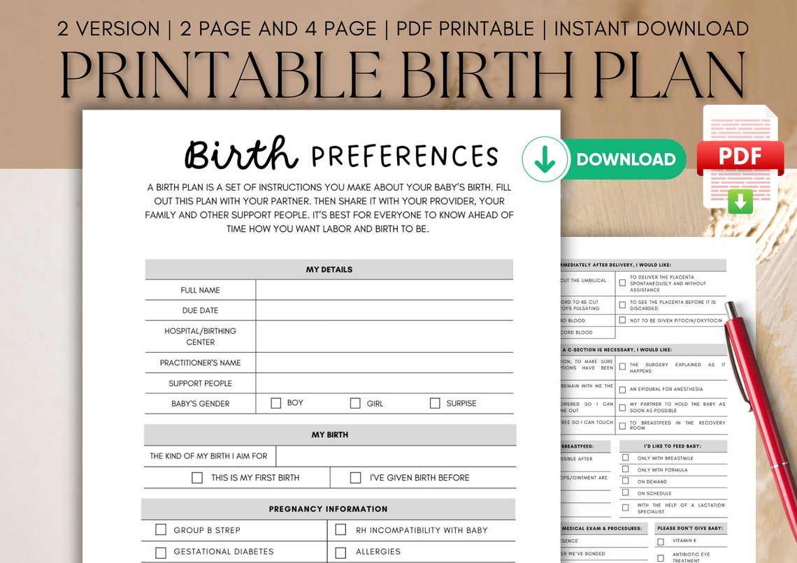 Birth Plan Template, Printable Birth Plan, Birth Preference, Editable ...