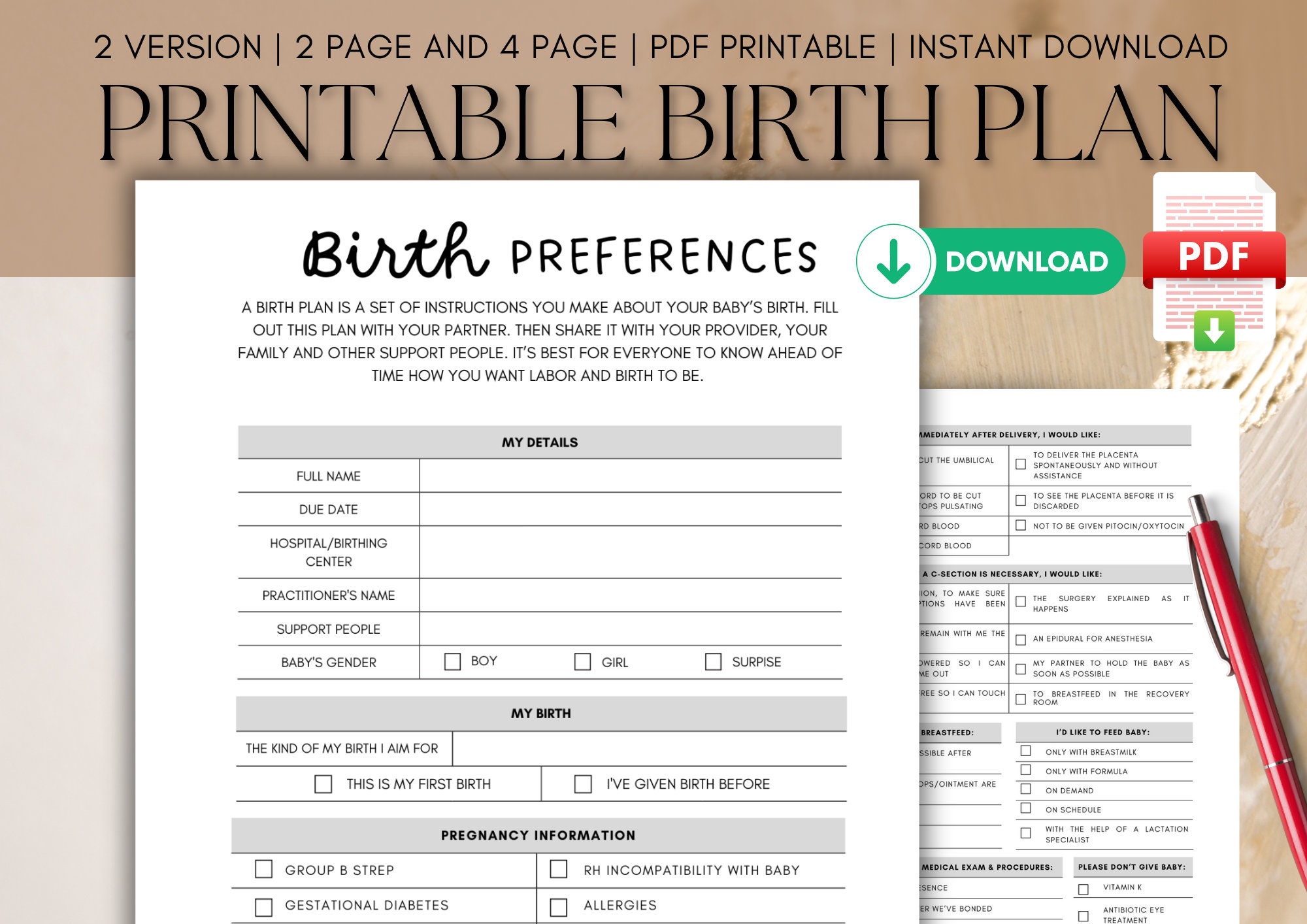 Birth Plan Template, Printable Birth Plan, Birth Preference, Editable ...