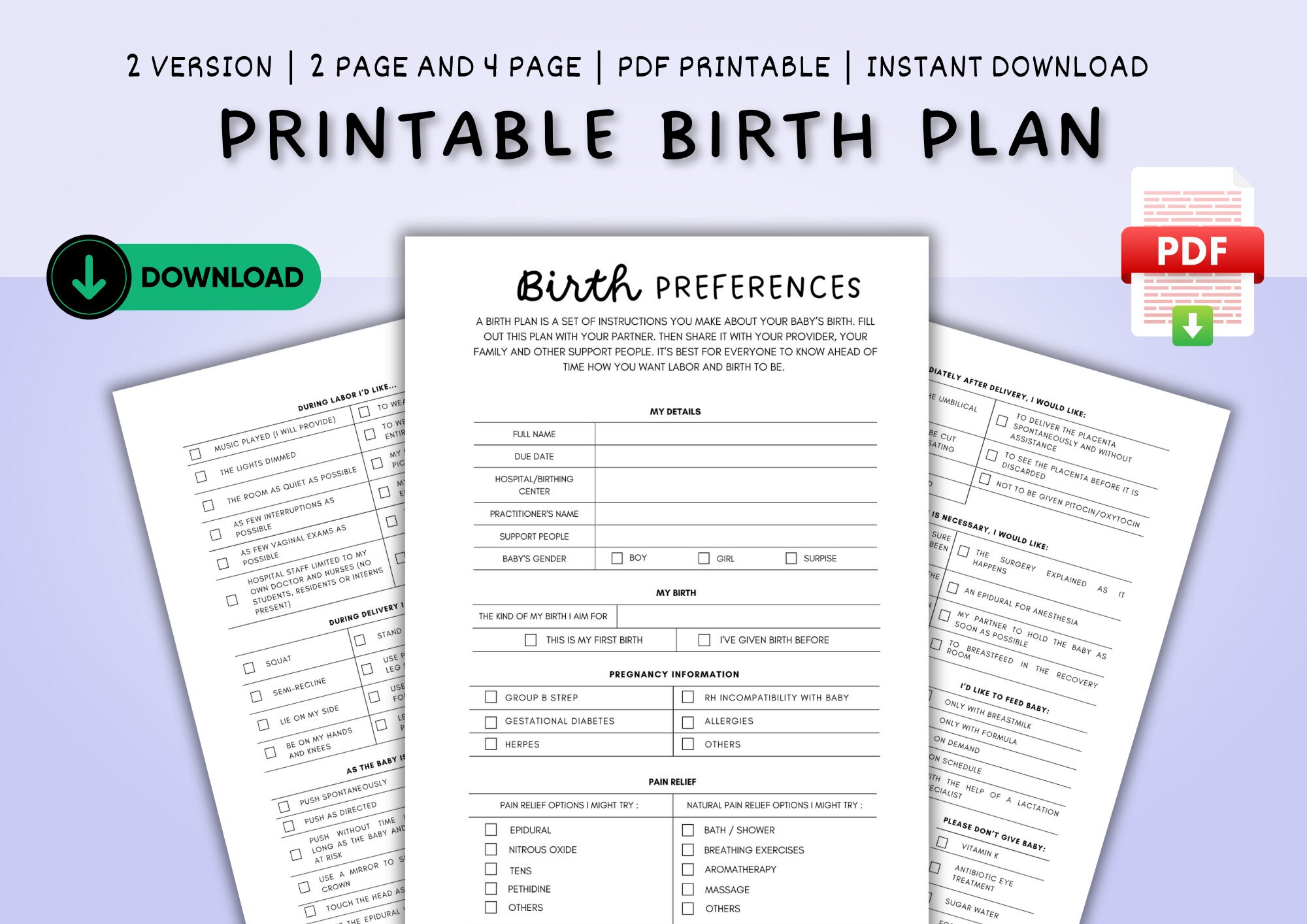 Birth Preferences | Birth Plan Template Editable | Printable Birthing ...