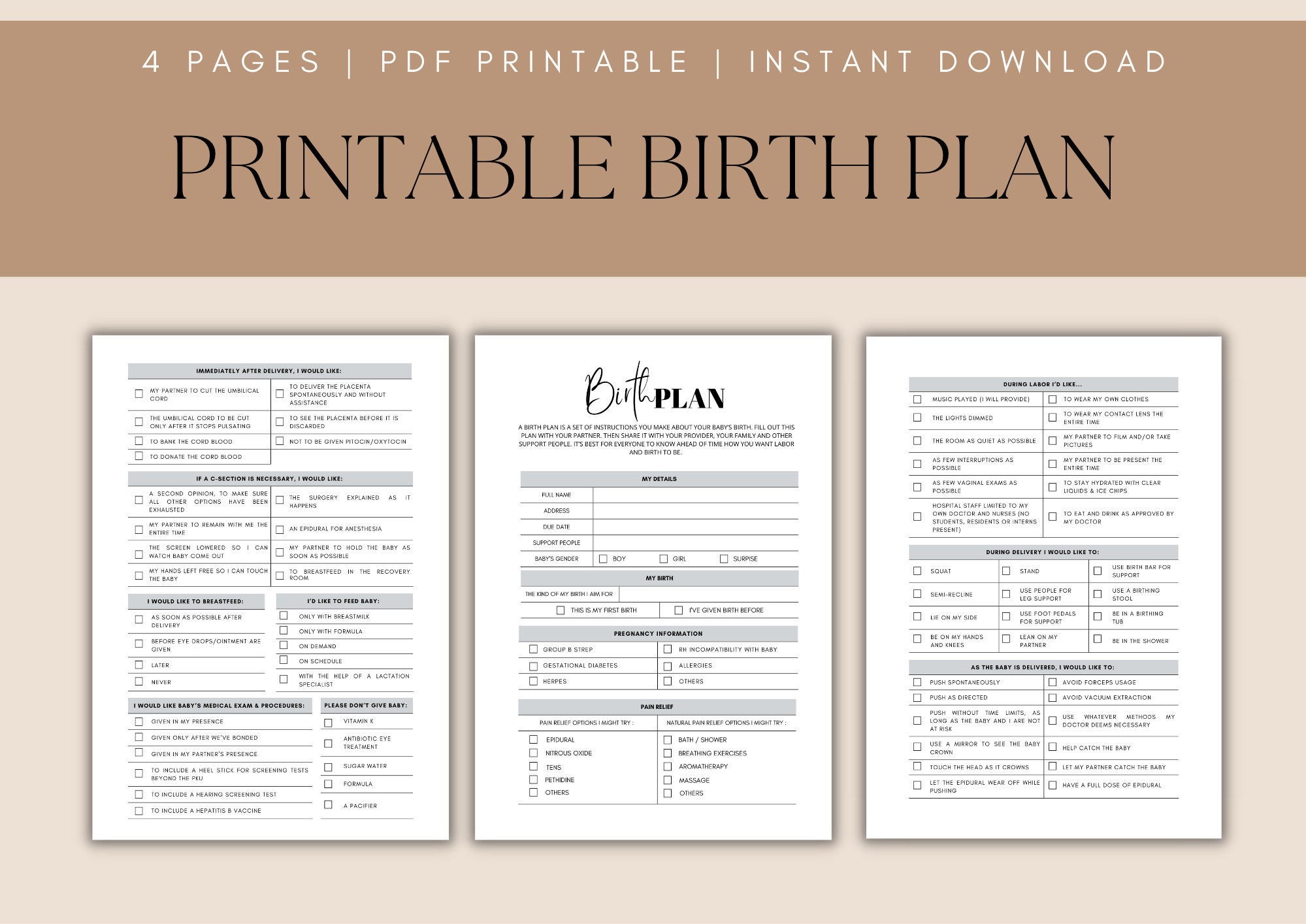 Birth Plan Template, Mom Checklist, Birth Preference, Editable Birth ...