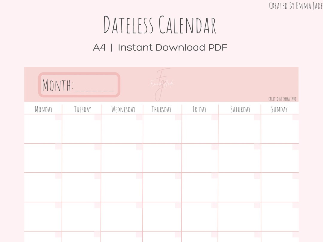 Dateless Monthly Calendar | A4 | PDF Instant Download - Etsy