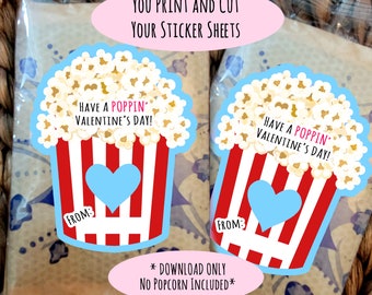 Valentine's Popcorn Stickers - Pink | Party Favor DIY Digital - Etsy
