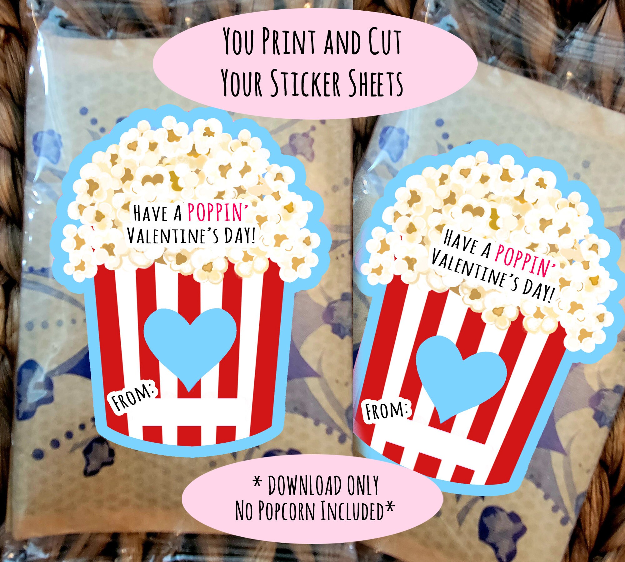 Valentine's Popcorn Stickers - Blue | Party Favor DIY Digital - Etsy