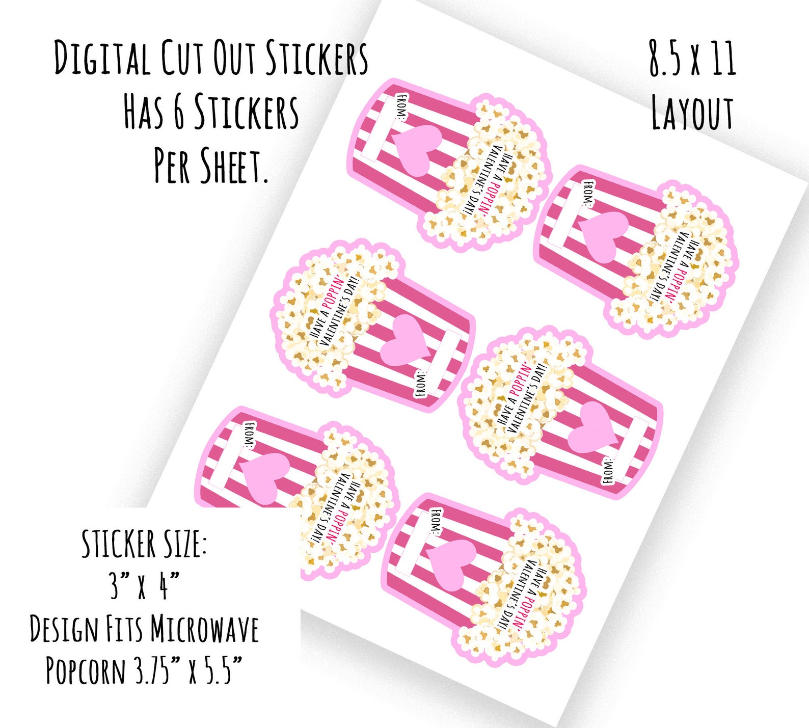 Valentine's Popcorn Stickers - Pink | Party Favor DIY Digital - Etsy