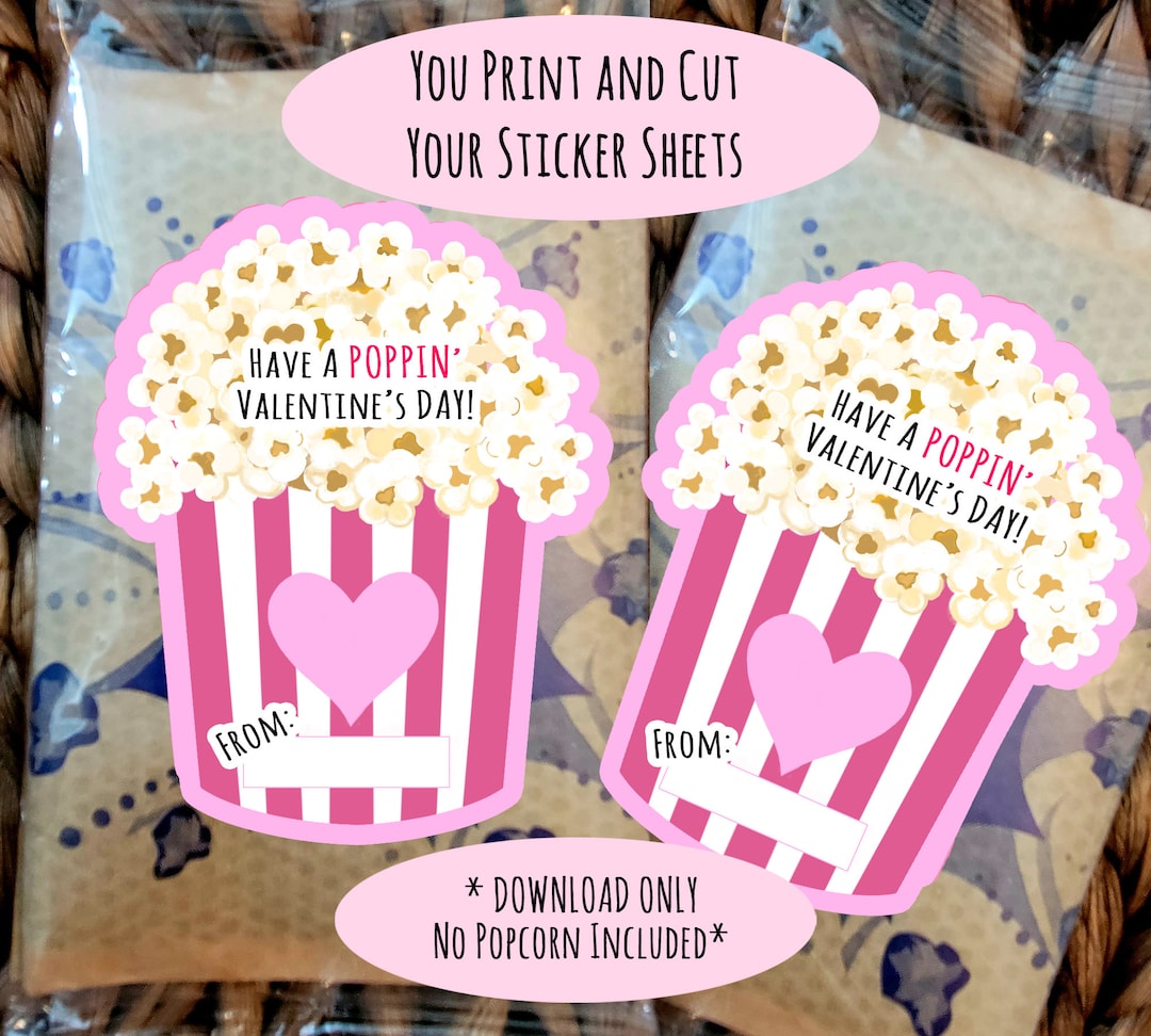 Valentine's Popcorn Stickers - Pink | Party Favor DIY Digital - Etsy