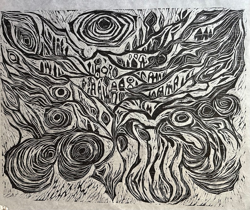 Original Black-on-white Abstract Woodblock Print by Late Artist Peter K ...