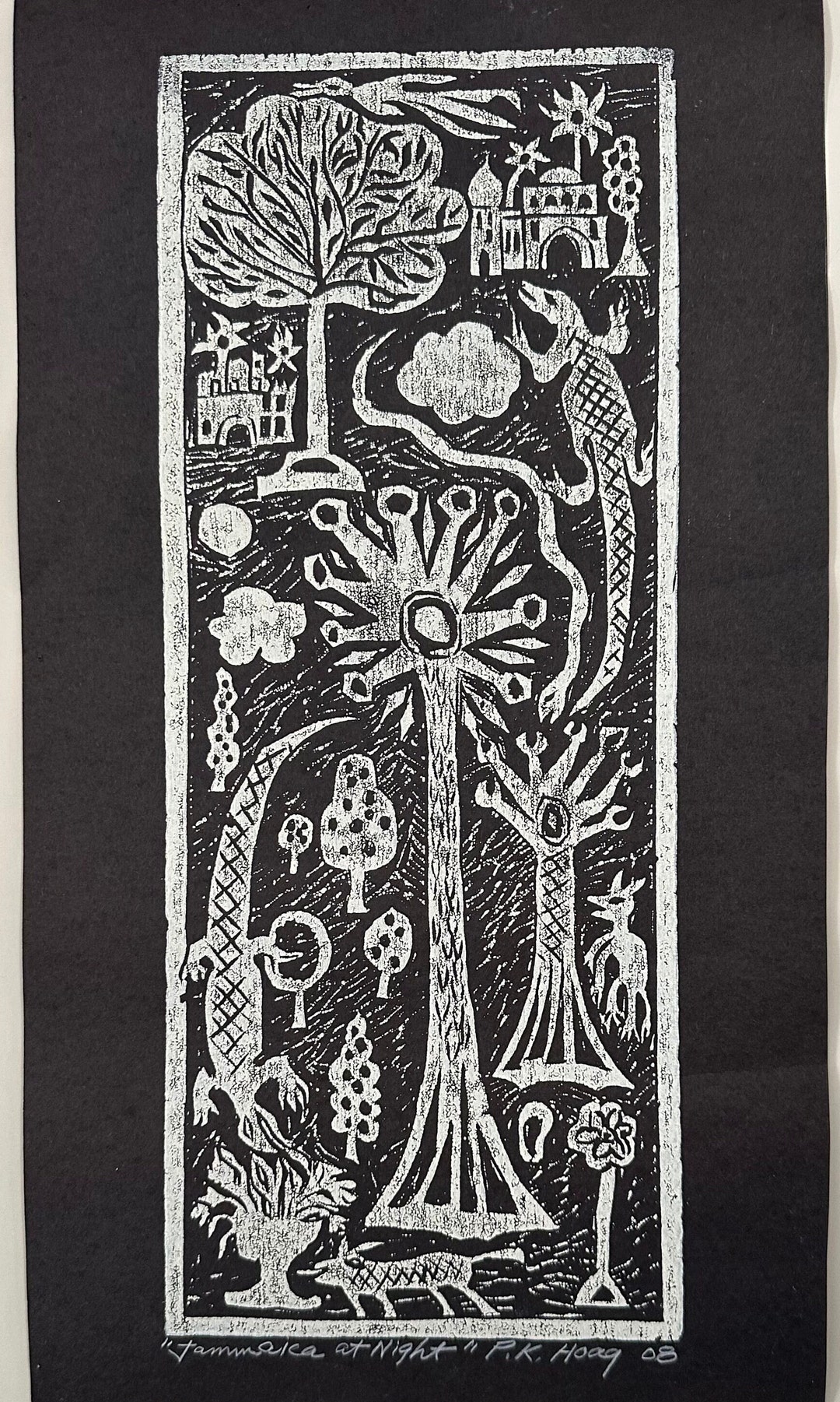 Original White on Black Woodblock Print Titled "jamaica at Night ...