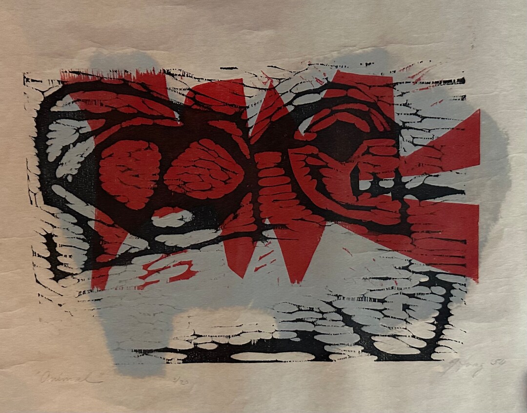 Original Vintage Mid Century Original Woodblock Print Titled animal ...