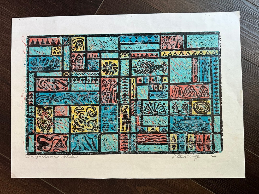 Original Vintage Color Woodblock Print Titled susquehanna Holiday ...