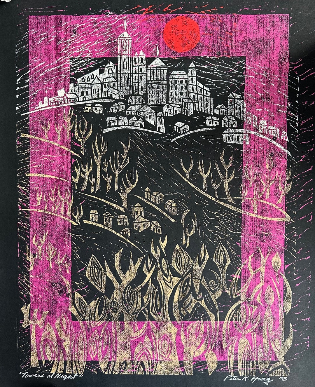 Original Vintage Signed Woodblock Print Titled "towers at Night" by ...