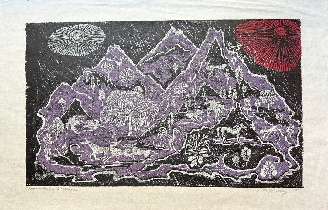 Original Signed Abstract Woodblock Print Titled "mountain Stallions" by ...