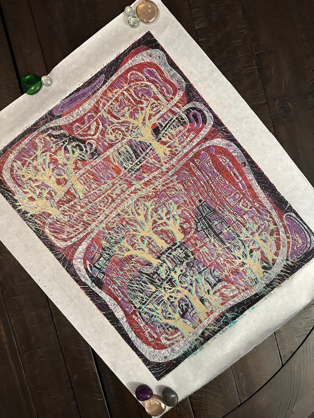 Original Vintage Woodblock Print by Late Artist Peter K. Hoag, Gold ...