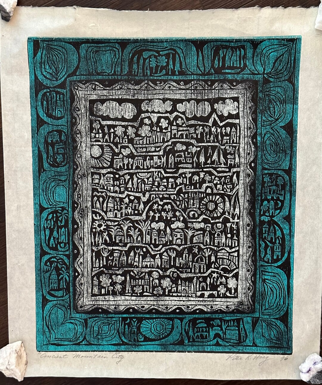 Original Vintage Color Woodblock Print Titled "ancient Mountain City ...