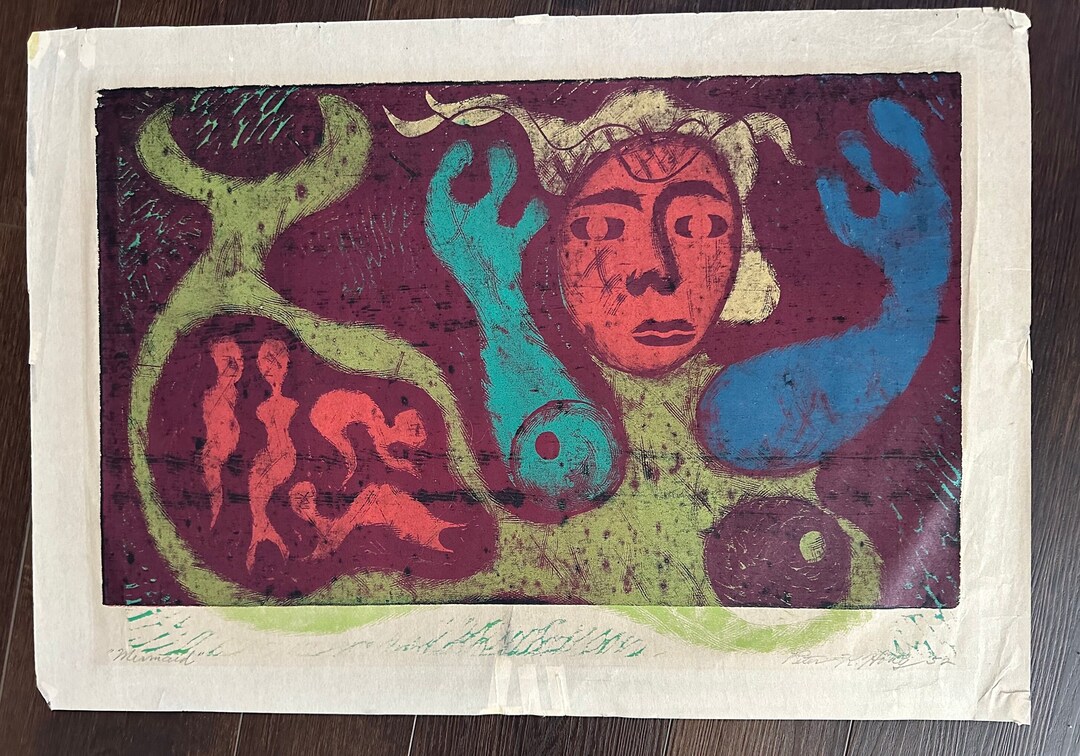 Original Vintage Mid Century Woodblock Print Titled "mermaid" Signed by ...